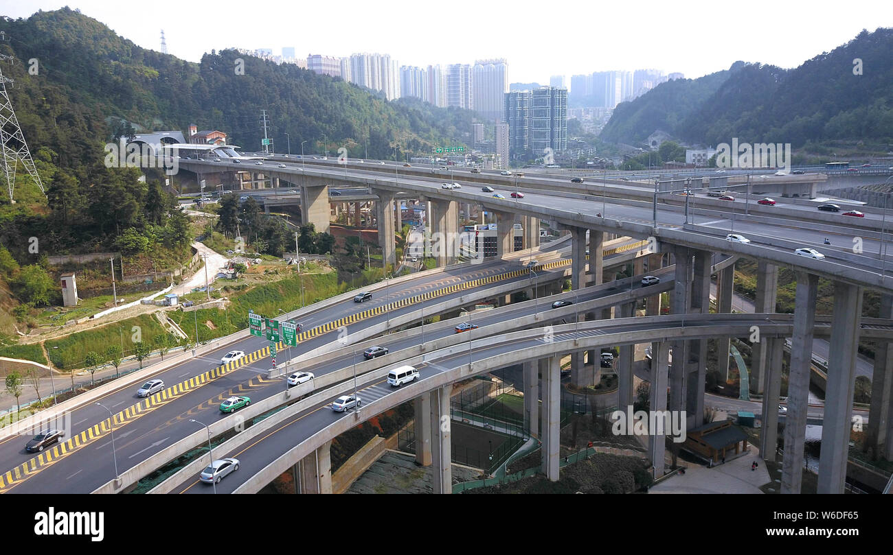 Aerial view of Guiyang's "most complicated" overpass, Qianchun Overpass ...