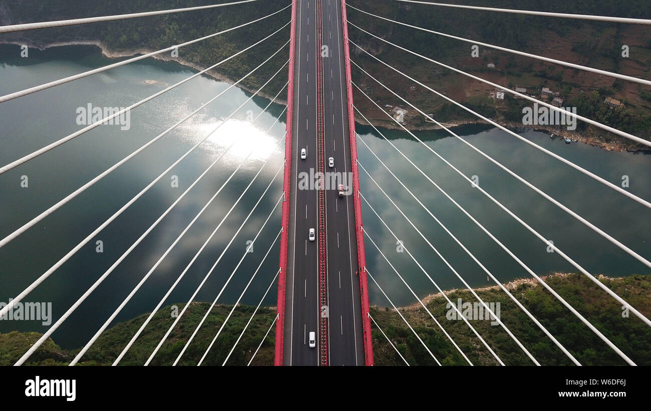 Aerial view of the Yachi River Bridge, one of the longest cable-stayed ...