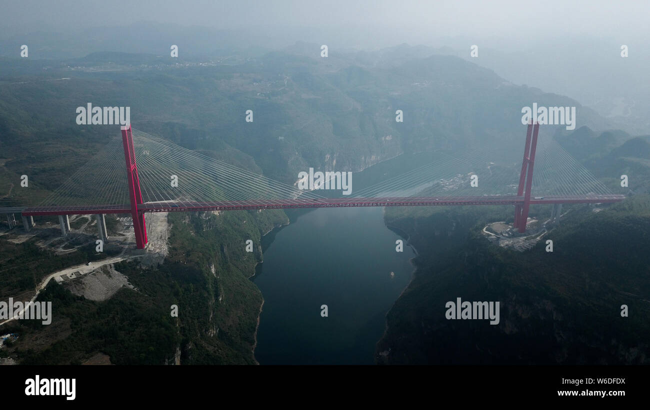 Aerial view of the Yachi River Bridge, one of the longest cable-stayed ...