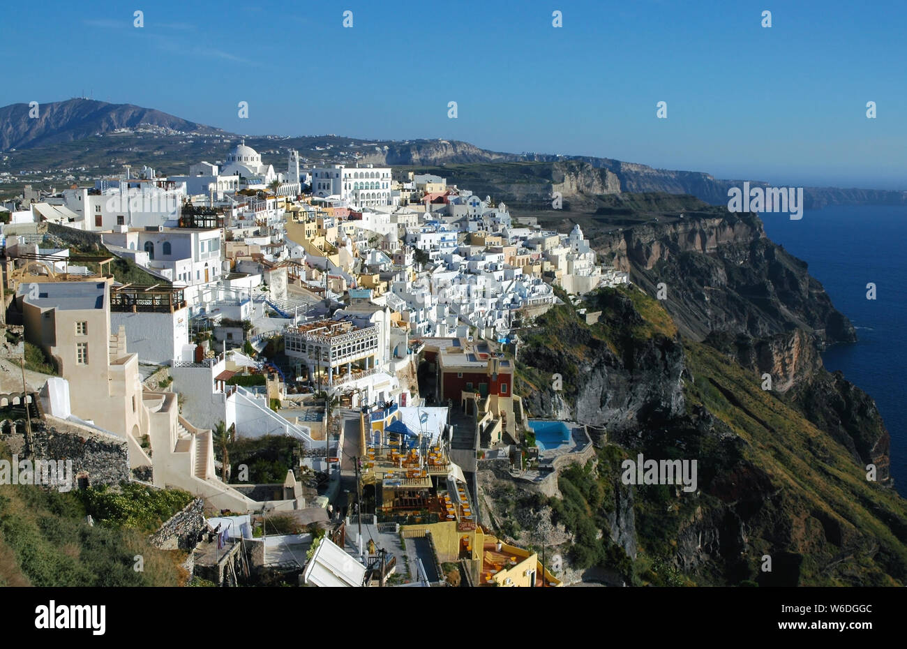 View of Fira on the island of Santorini, Greece. Fira is the main town ...