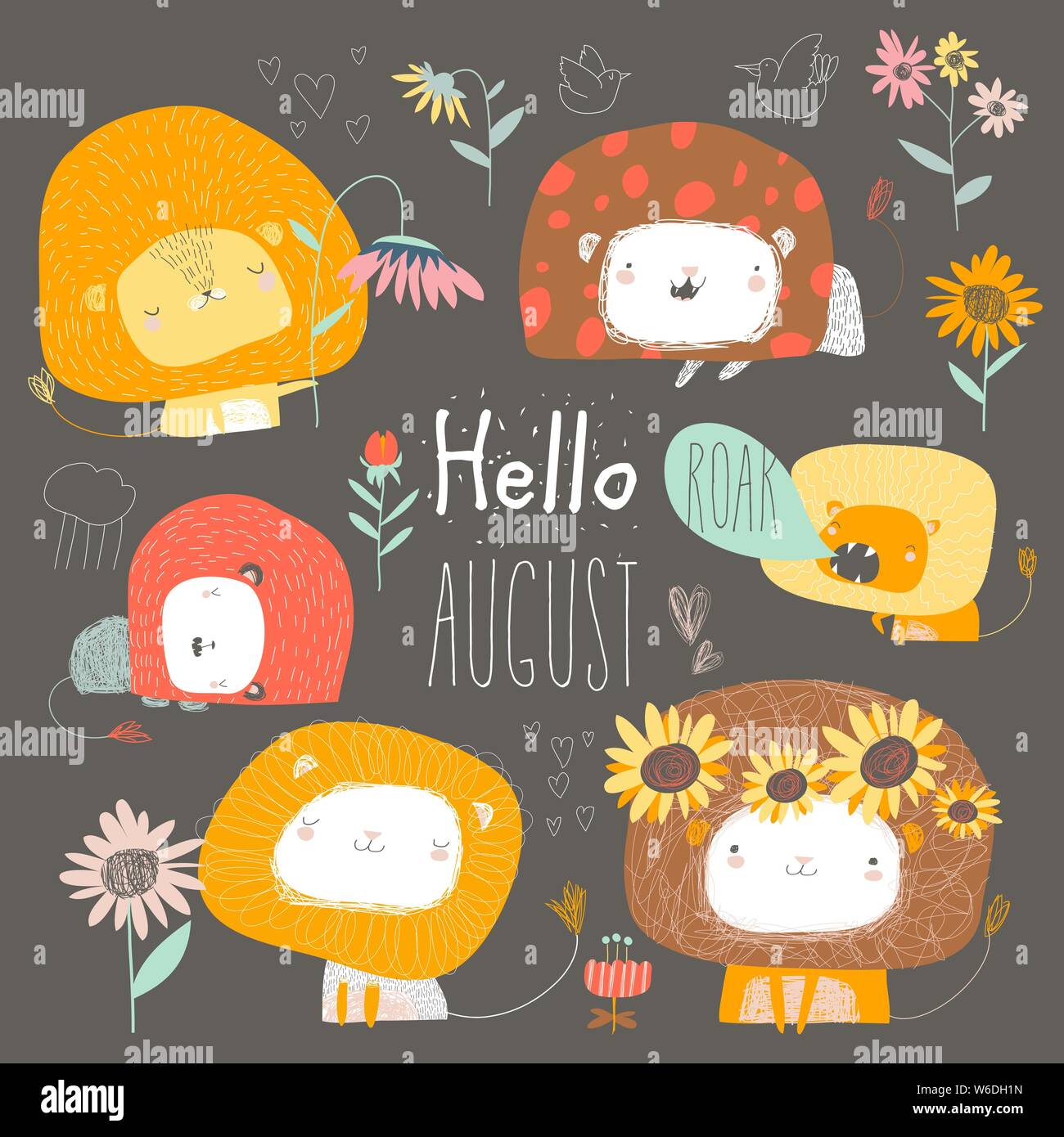 Set of cute lions and flowers. Hello august Stock Vector Image & Art ...