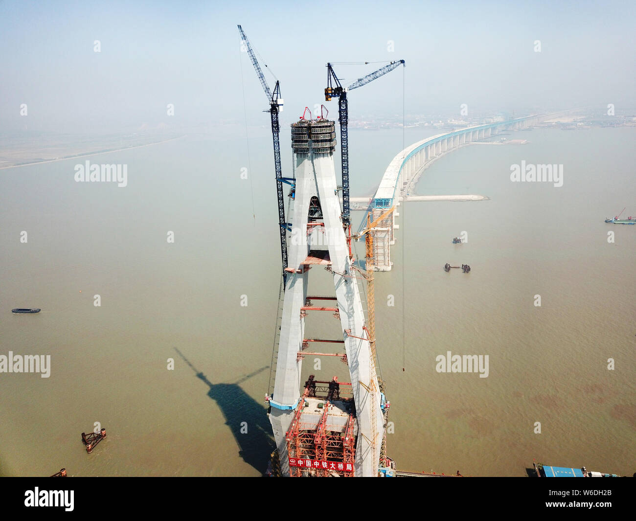 Aerial view of the No.28 main pier of the world's longest cable-stayed ...