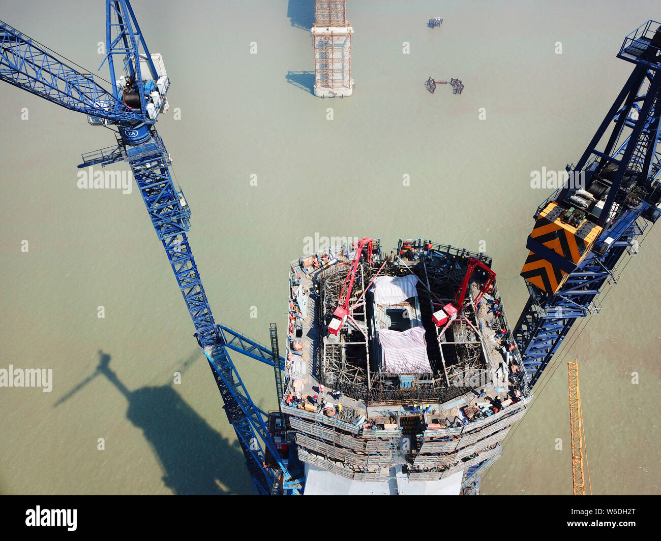 Aerial view of the No.28 main pier of the world's longest cable-stayed ...