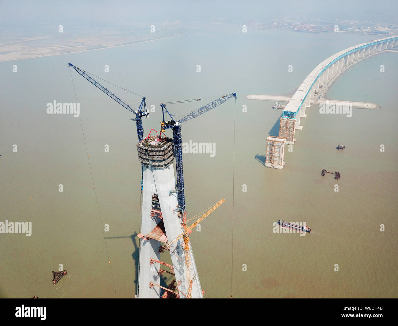 Aerial view of the No.28 main pier of the world's longest cable-stayed ...