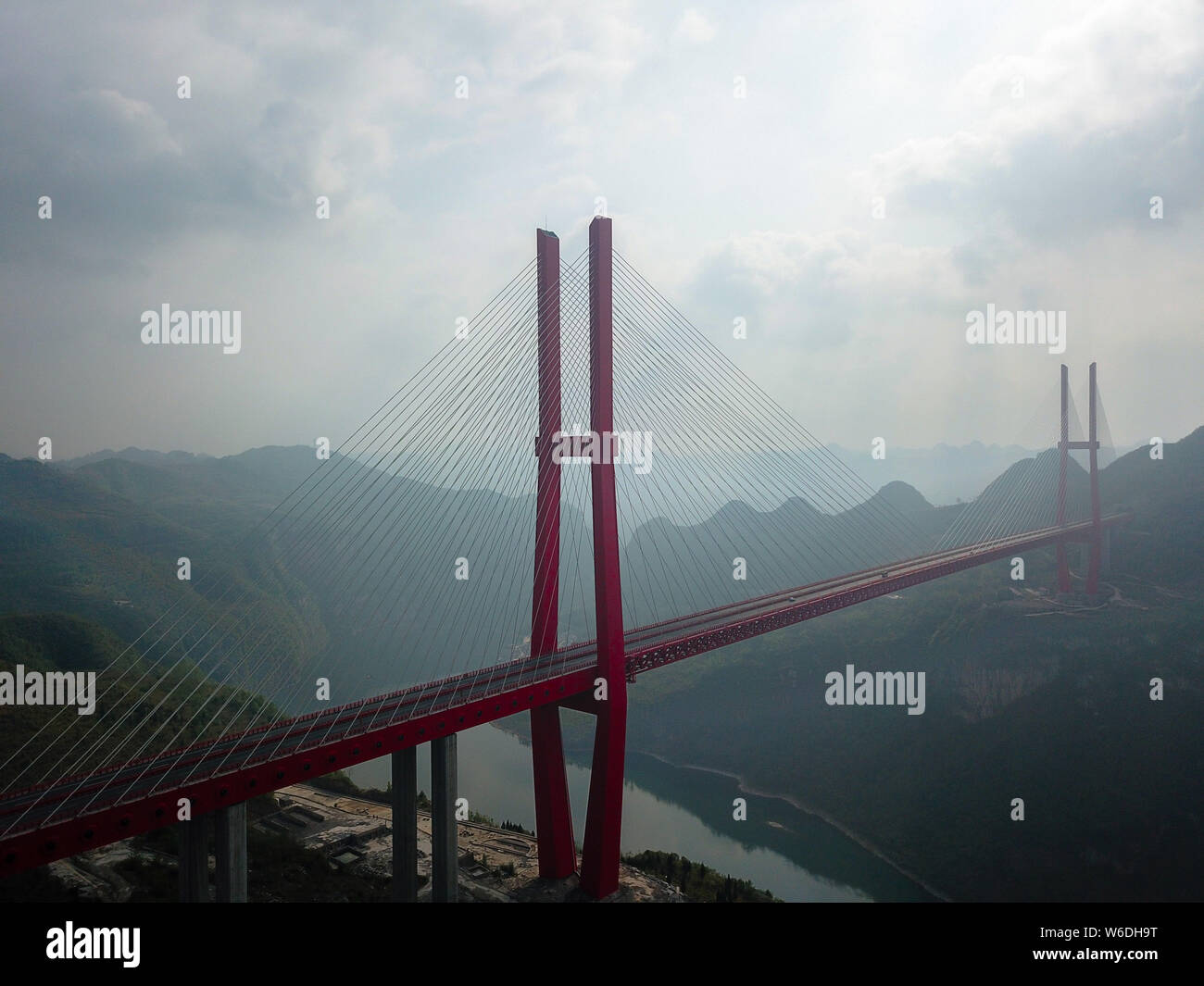 Aerial view of the Yachi River Bridge, one of the longest cable-stayed ...