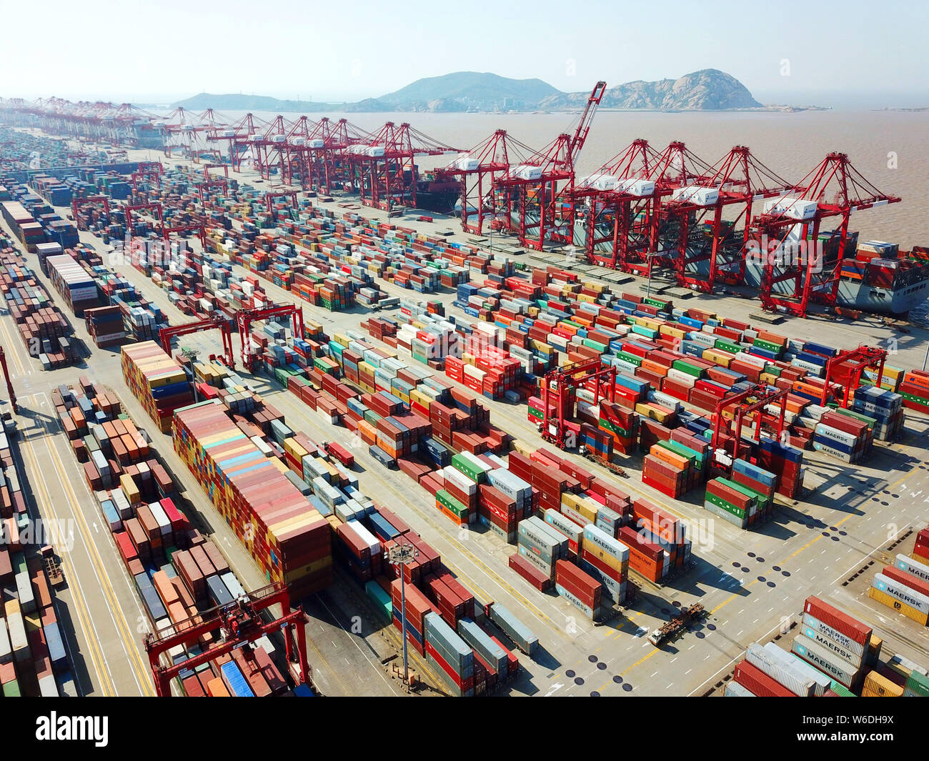 An aerial view of containers at the fourth phase of the Yangshan Deep ...