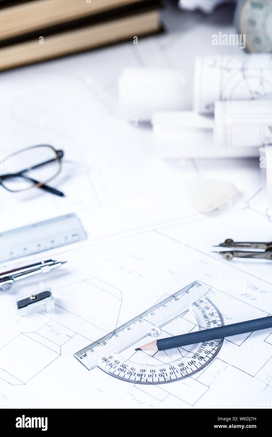 Tools for drawing drawings on drawing details Stock Photo - Alamy