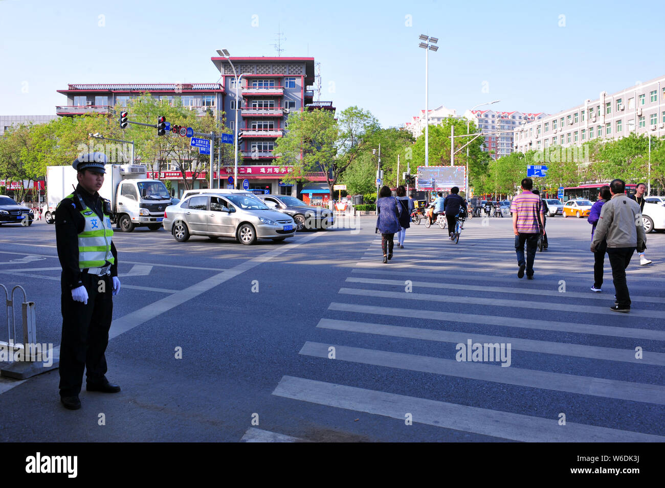 Pedestrians walk on a zebra crossing as the red light turns green in ...