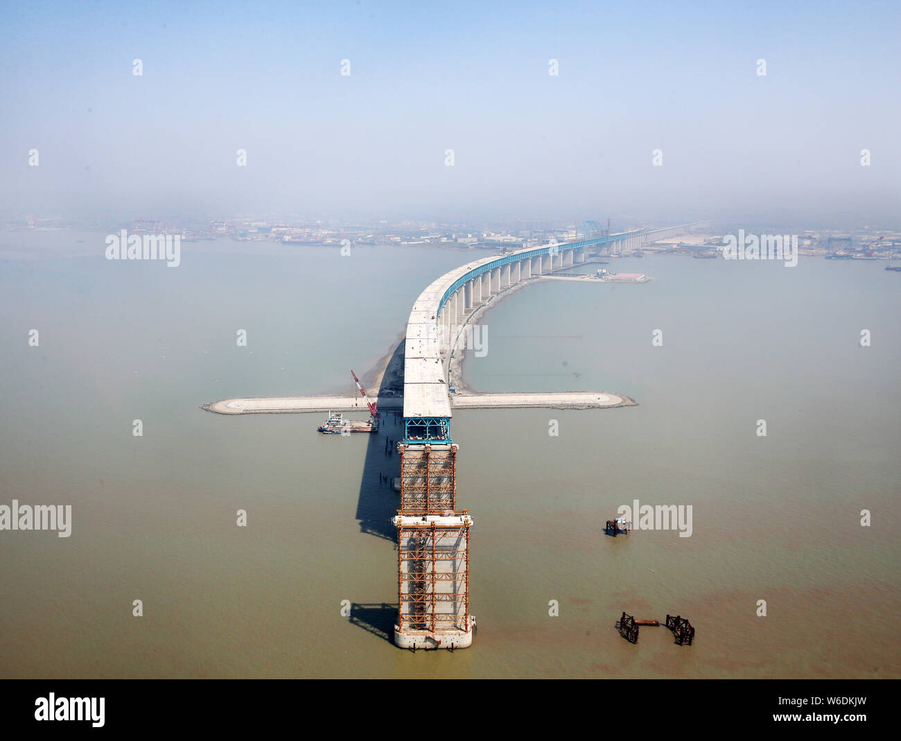 Aerial view of the world's longest cable-stayed bridge, the Hutong ...