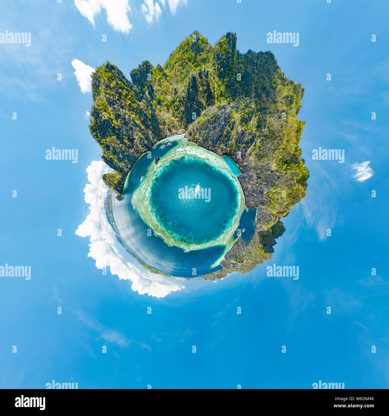 Epic little planet panorama of blue lagoons and limestone cliffs of ...