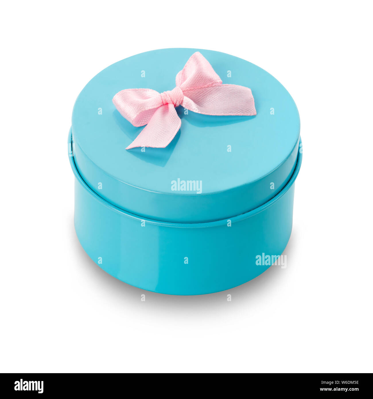 Blue surprise gift box with pink ribbon isolate Stock Photo - Alamy