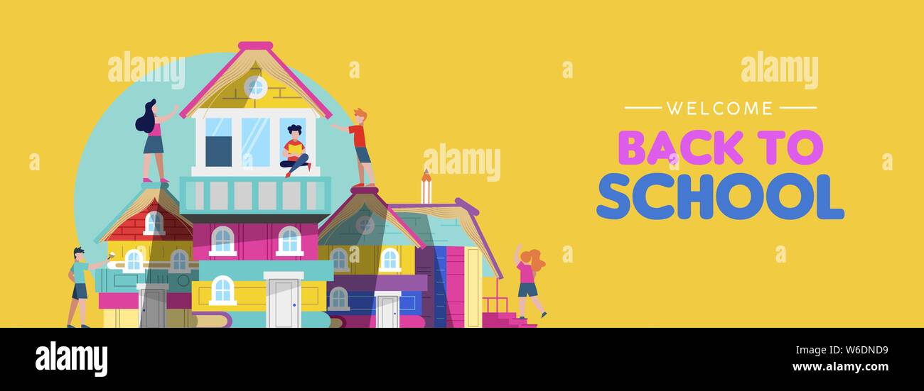 Welcome back to school web banner illustration of children group making ...