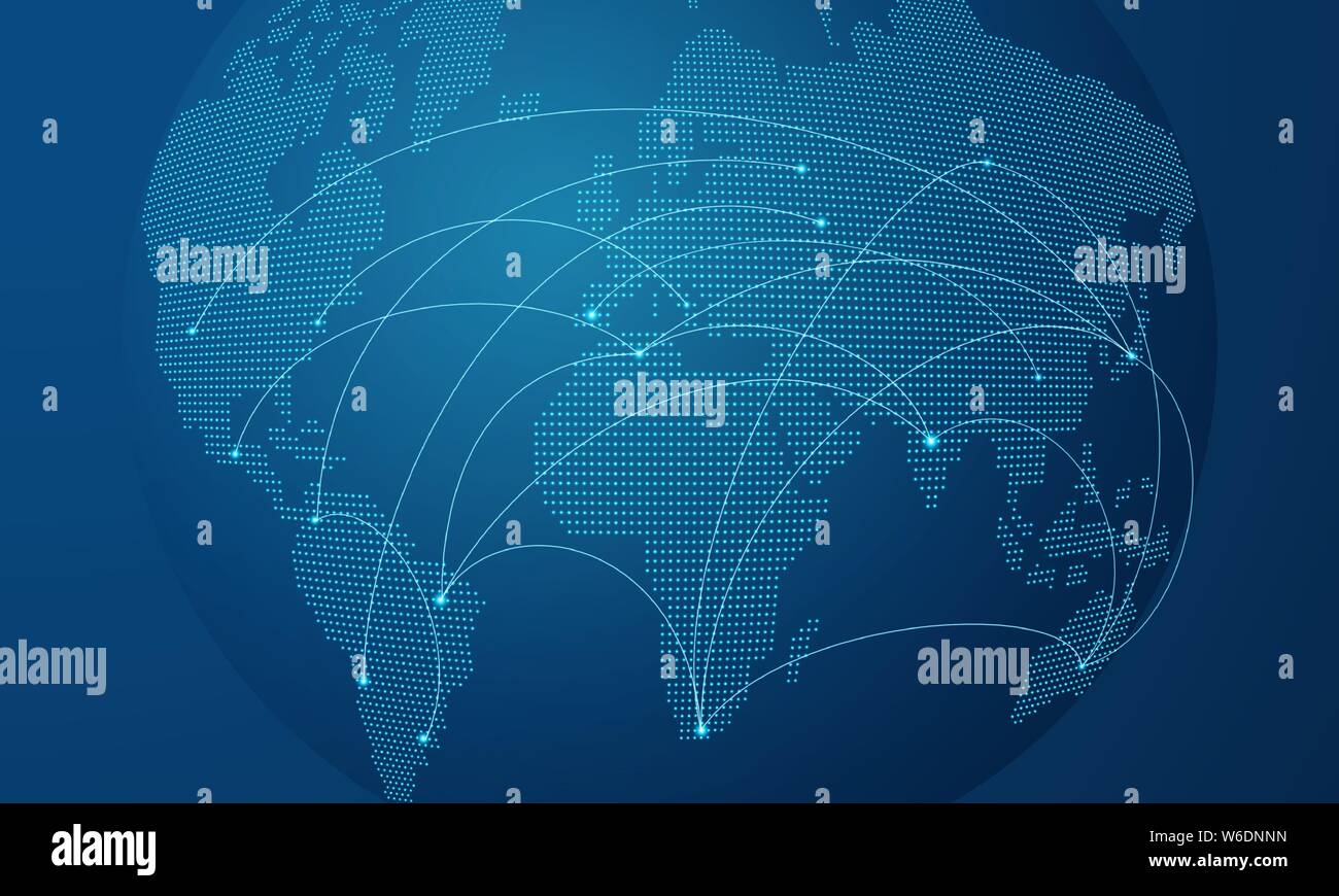 Modern blue world map illustration with futuristic digital network connection. Internet ...