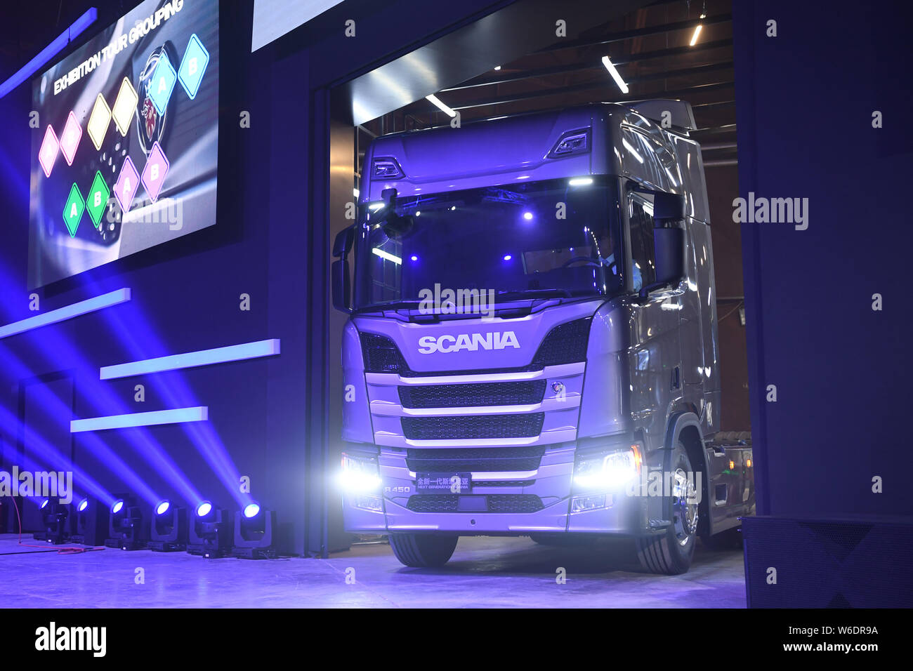 A R450 truck of Scania R-series is on display during the launch event ...