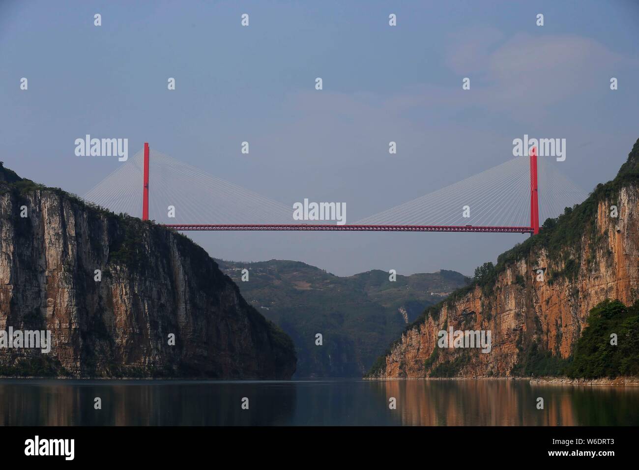 Aerial view of the Yachi River Bridge, one of the longest cable-stayed ...