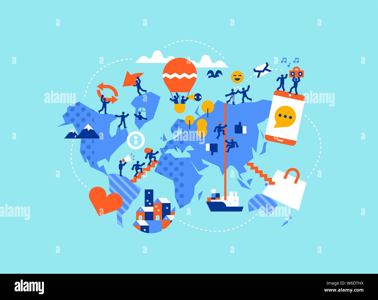 Social world map illustration of modern internet app icons and diverse ...