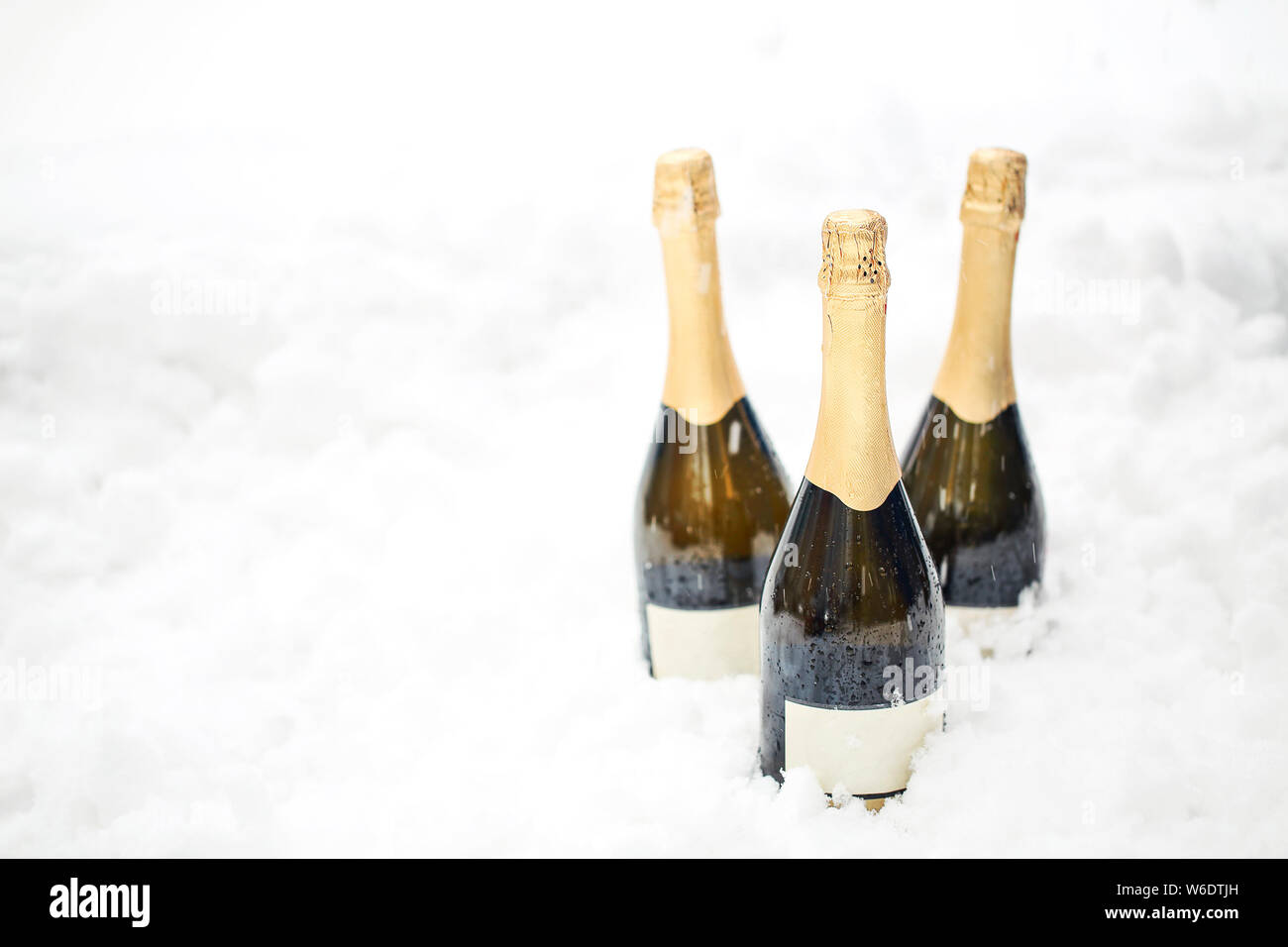 Three bottles of champagne in the snow. Winter holiday background Stock ...