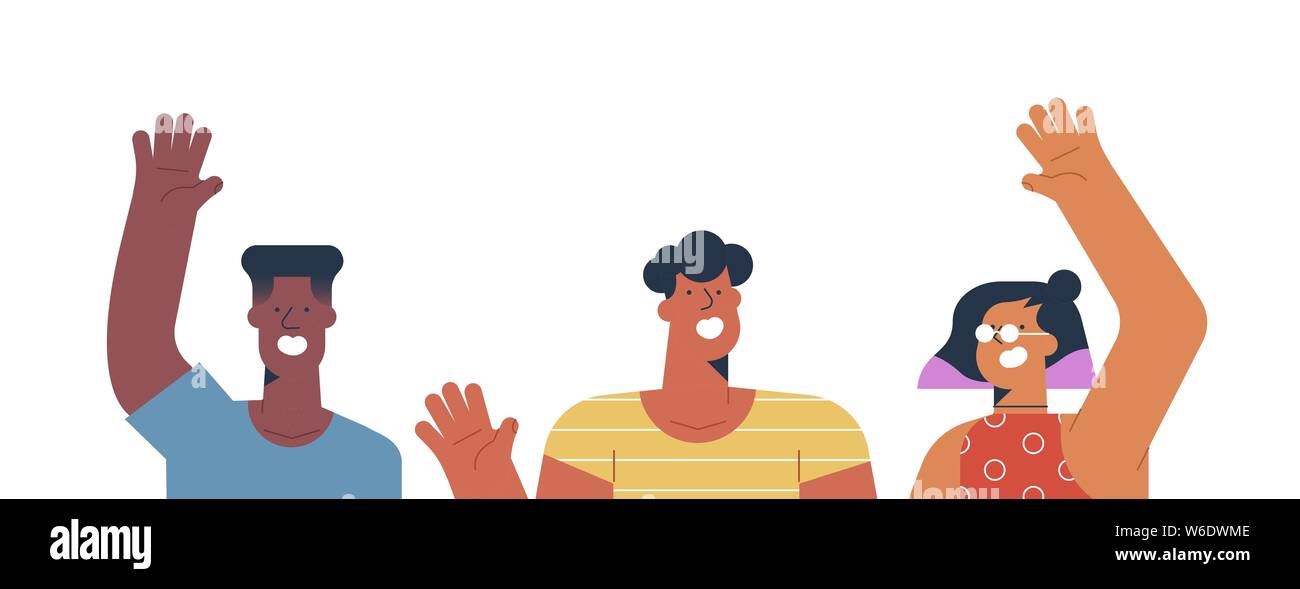Three friends waving hello on isolated white background for social ...