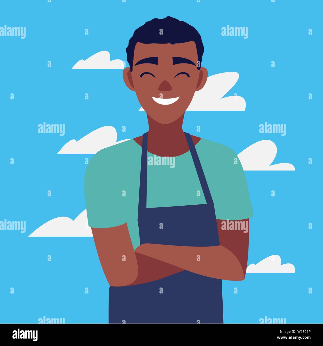 young seller man character with apron outdoors vector illustration ...