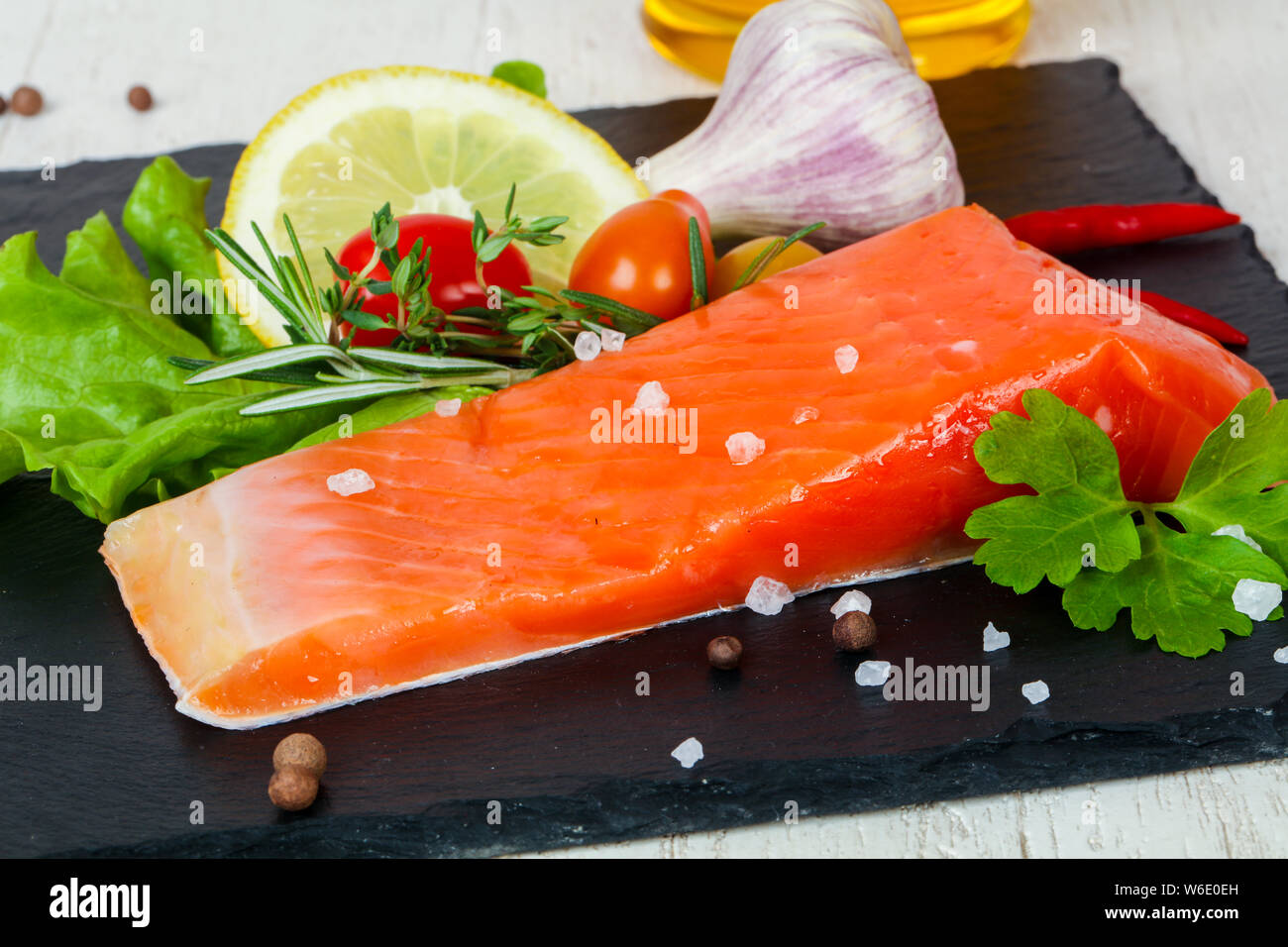 Raw trout fillet with salt and spices Stock Photo - Alamy