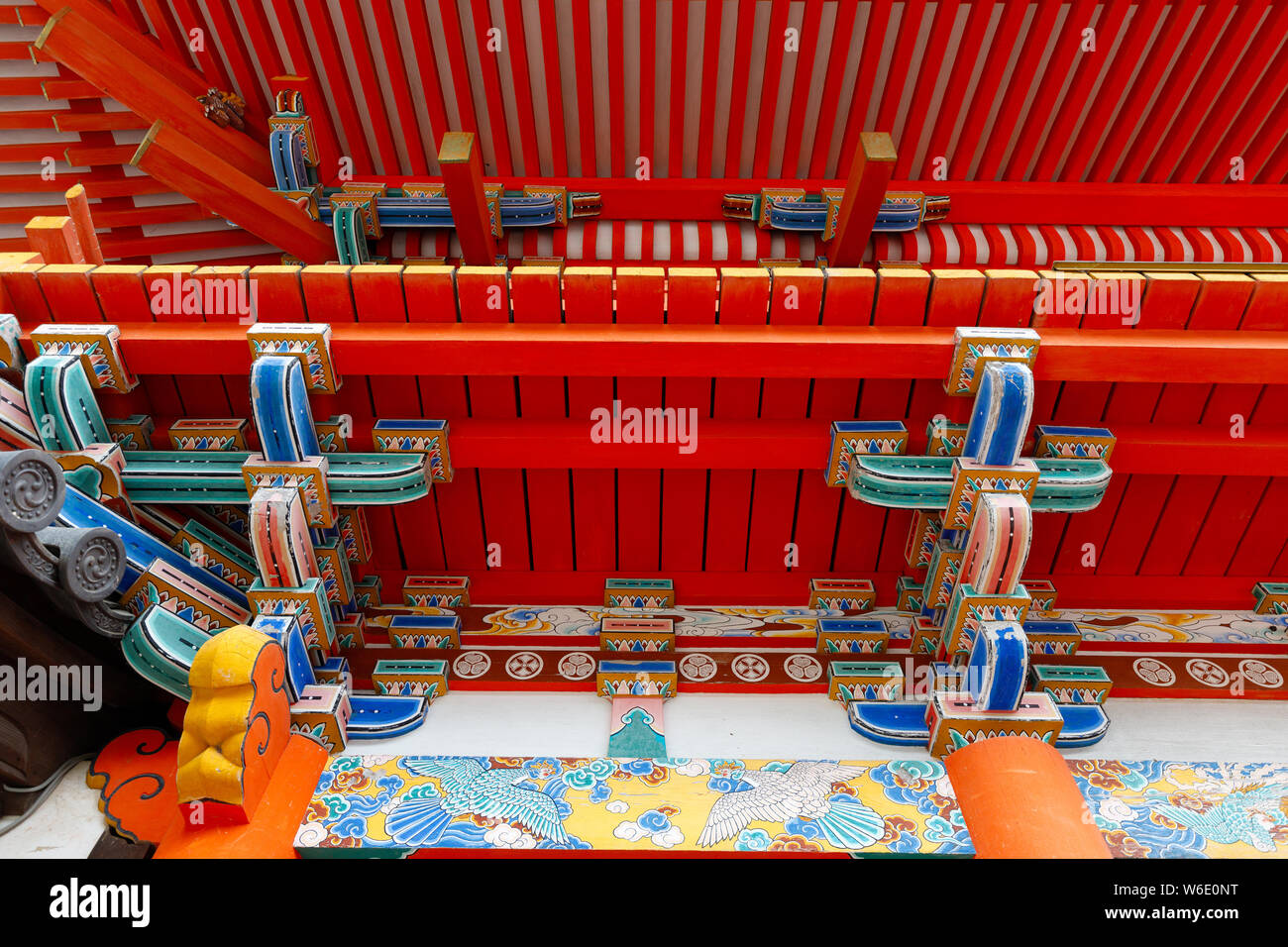 Traditional Japanese wooden framework and painting at the Kishu Toshogu ...