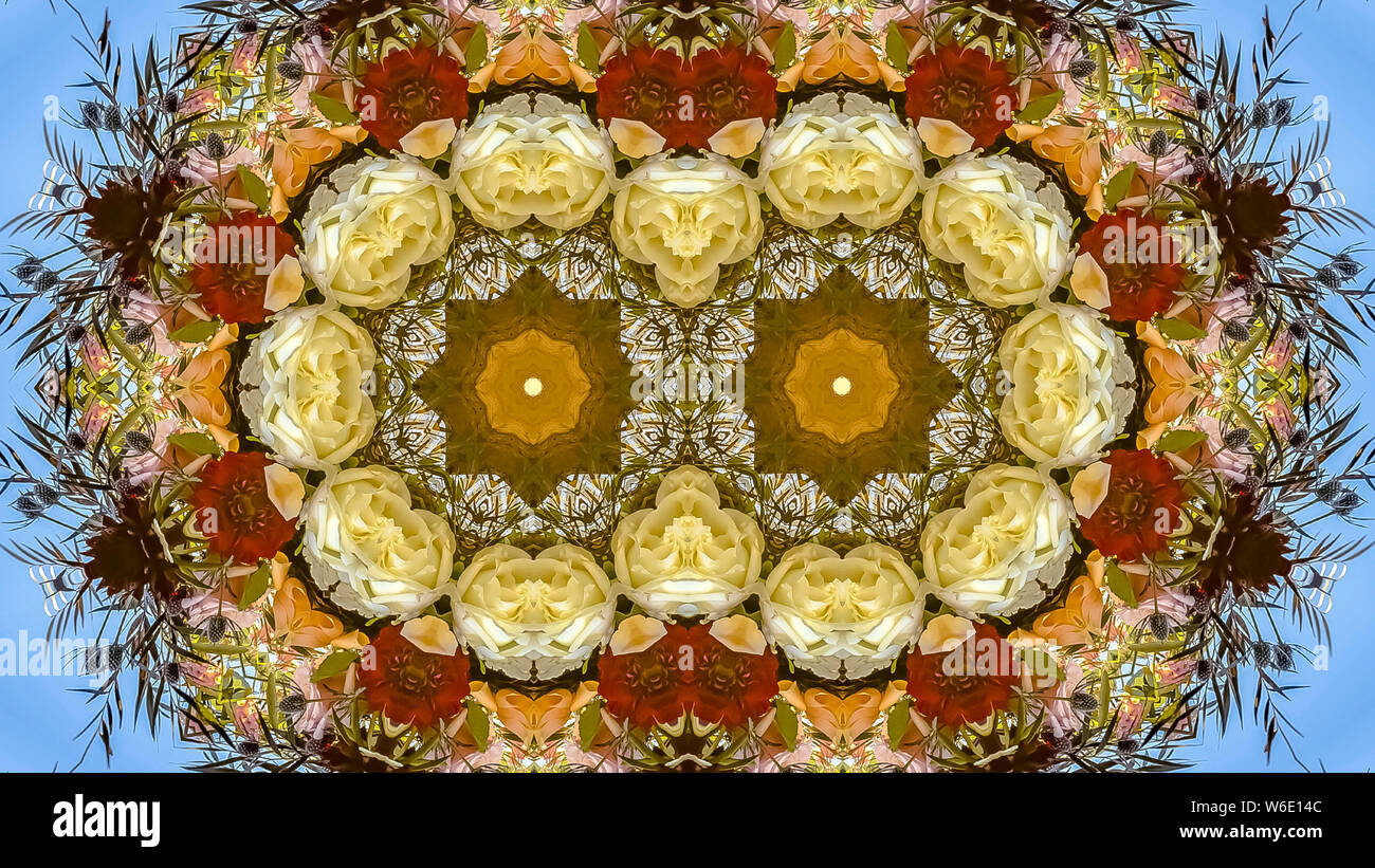 Panorama Double flowers in circular arrangement at wedding in ...