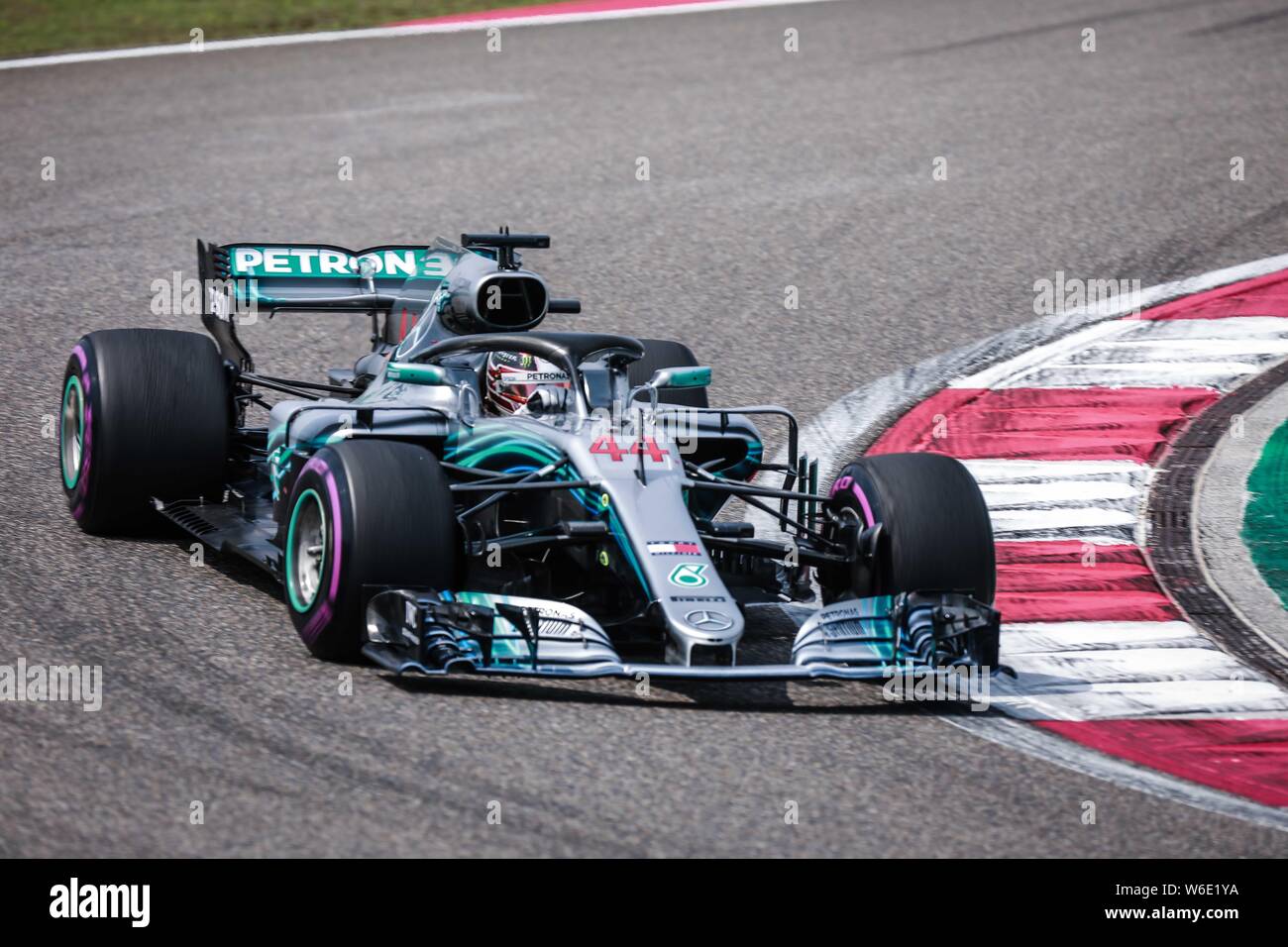 British F1 driver Lewis Hamilton of Mercedes competes during the 2018 ...