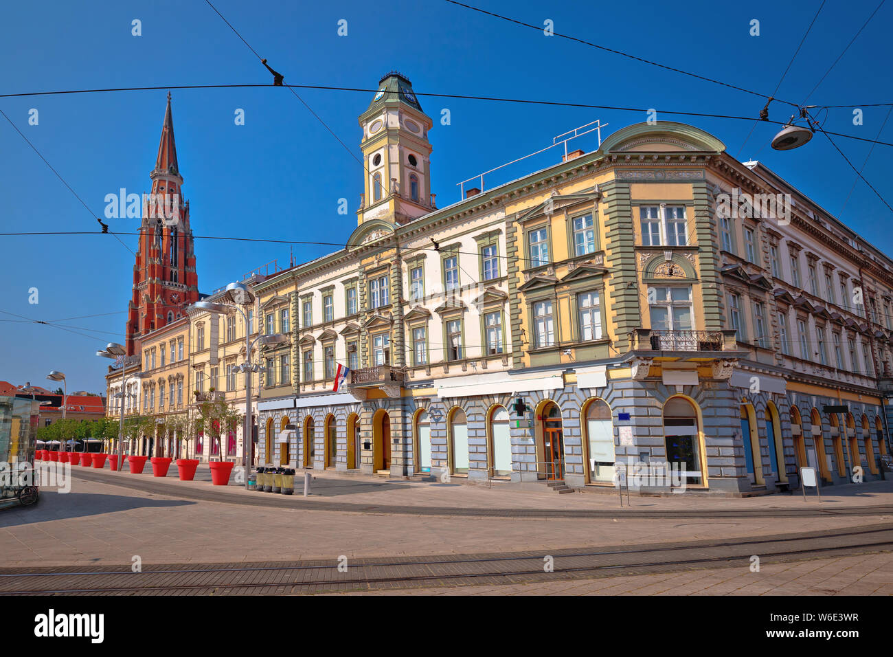 Osijek main square and cathedral street view, Slavonija region of ...