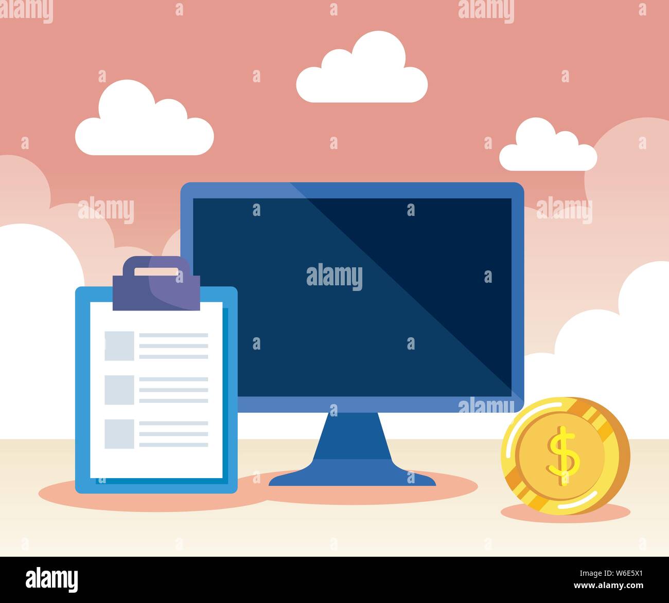 computer technology with document and coin cash money Stock Vector ...