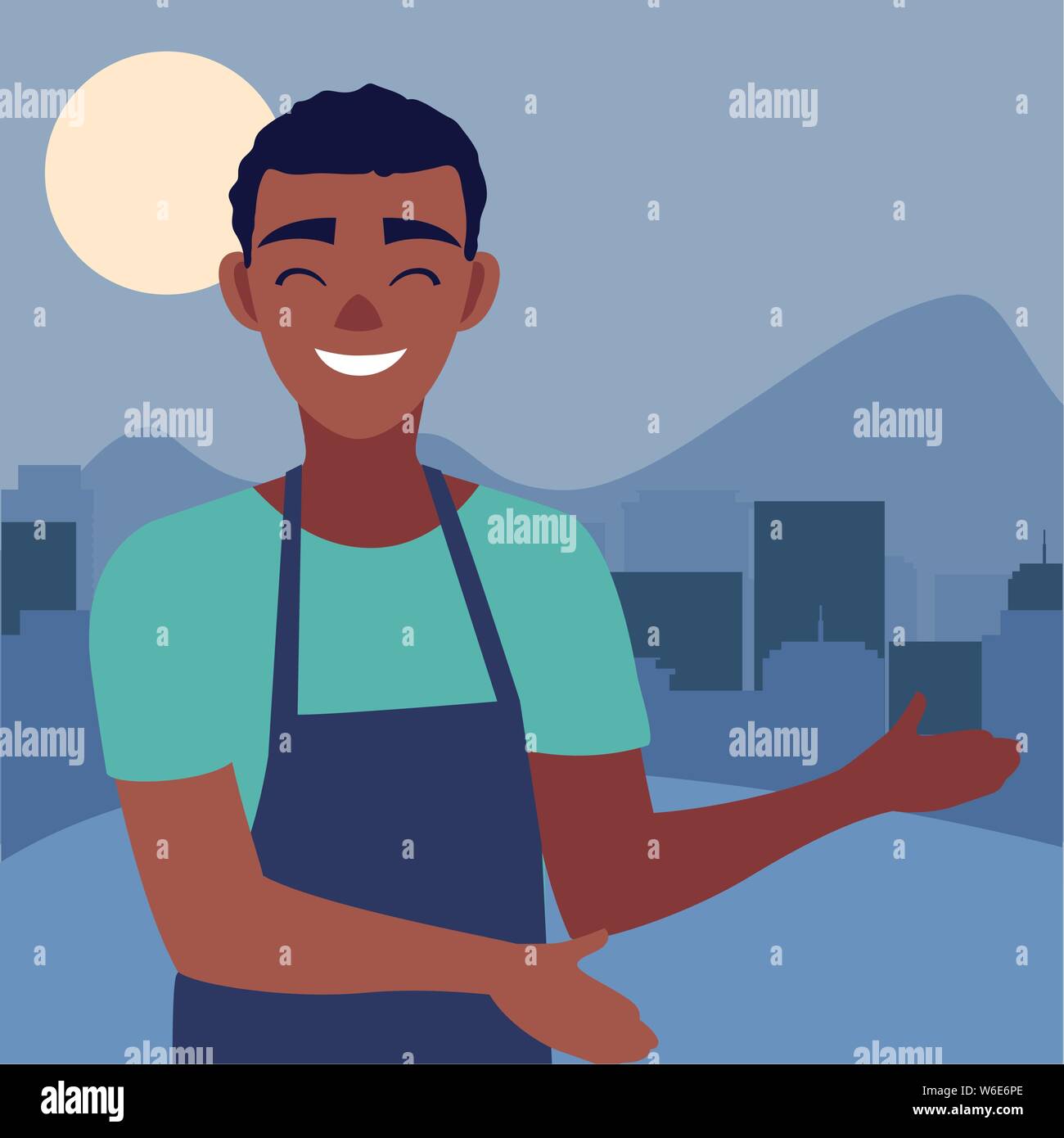 young seller man character with apron outdoors vector illustration ...