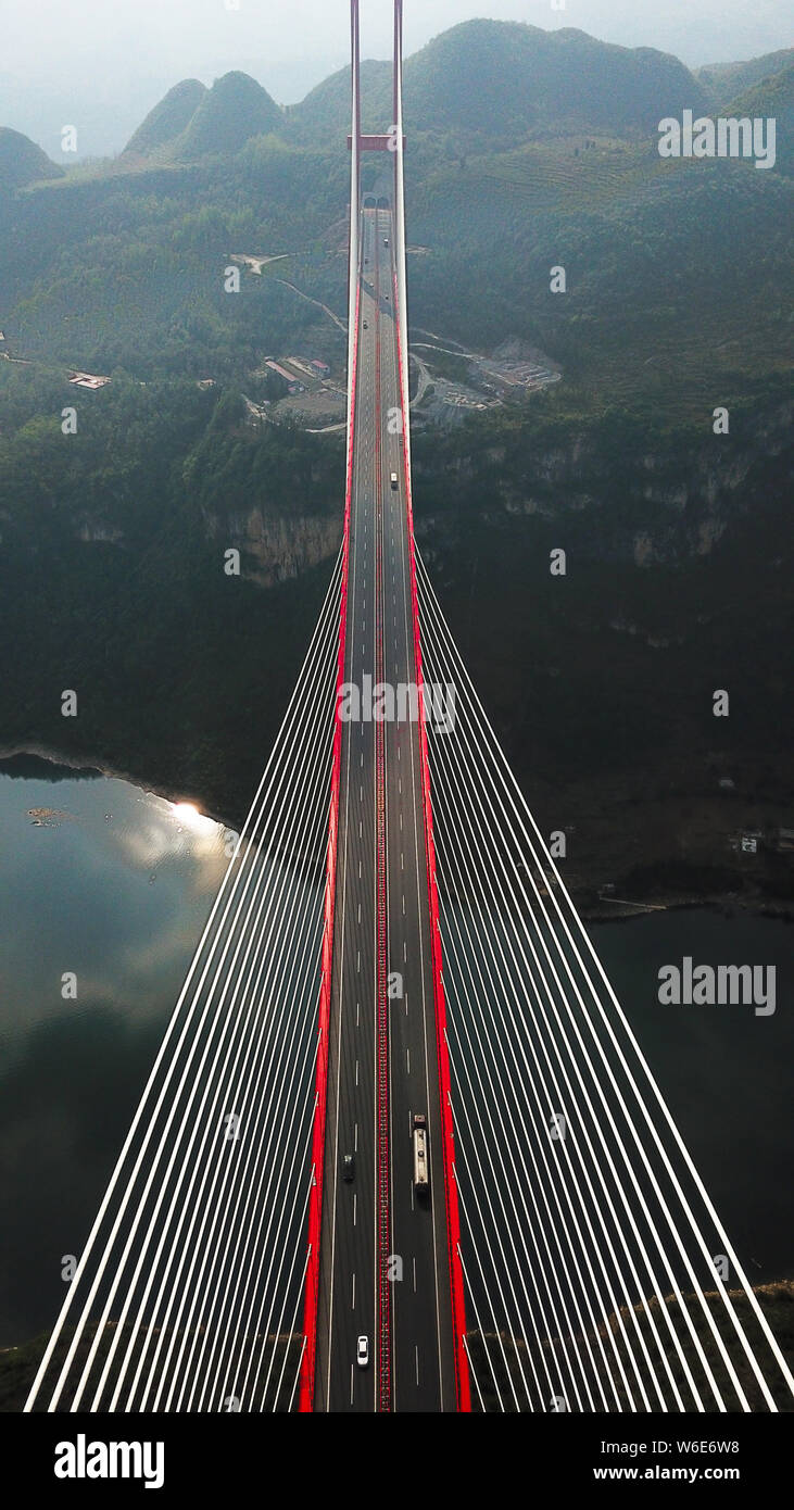 Aerial view of the Yachi River Bridge, one of the longest cable-stayed ...