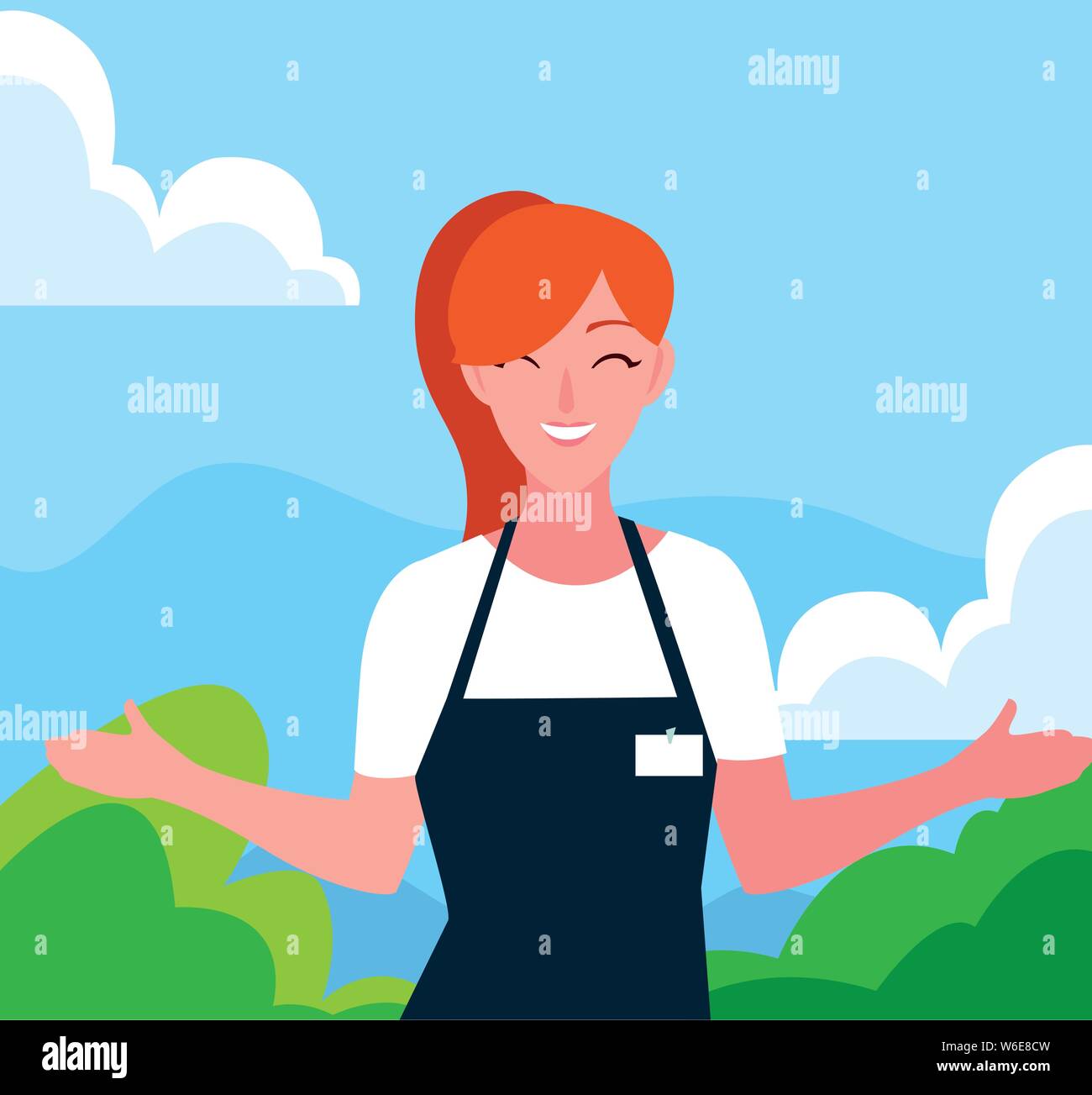 seller woman character with apron outdoors vector illustration Stock ...