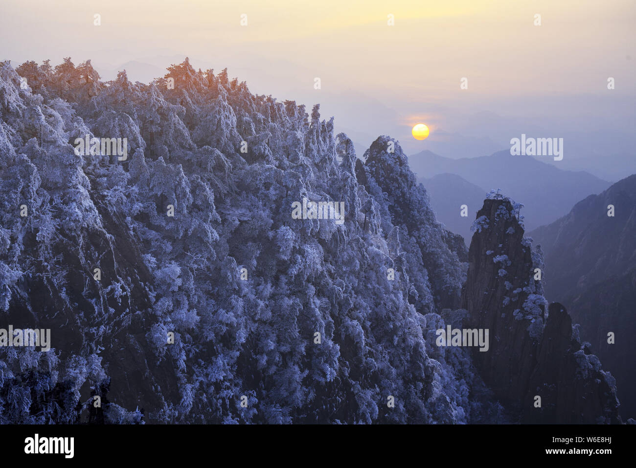 Landscape of rime-covered trees at the Huangshan Mountain scenic spot in Huangshan city, east ...