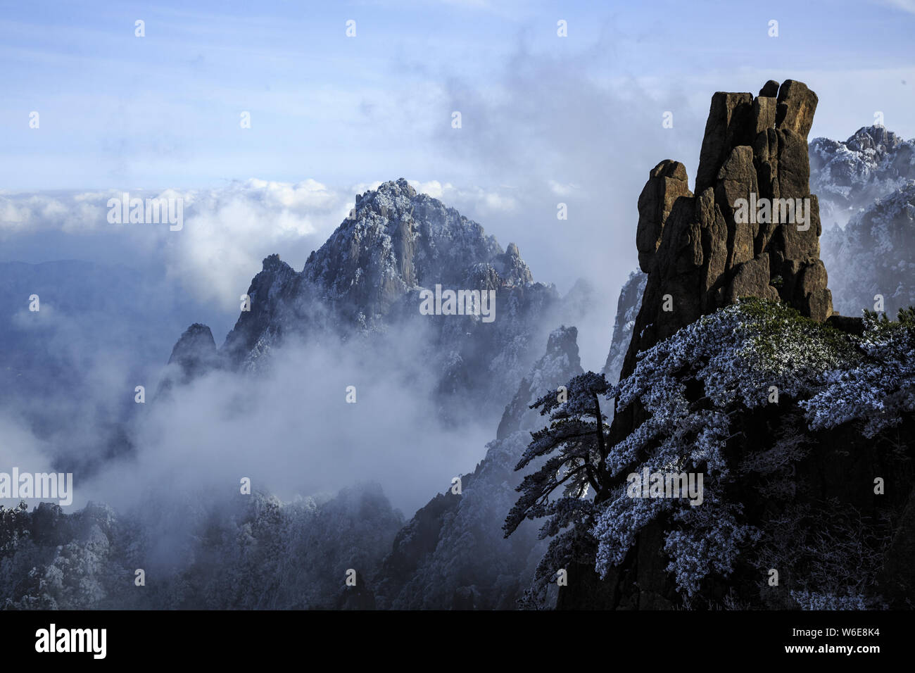 Landscape of rime-covered trees at the Huangshan Mountain scenic spot in Huangshan city, east ...