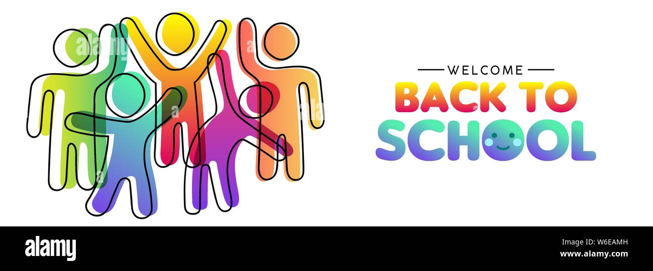 Welcome back to school card illustration of diverse colorful student ...