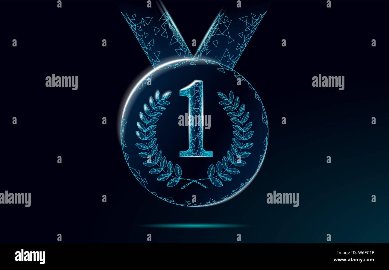 Low poly winner medal on ribbon. Contest leader first place ceremony ...