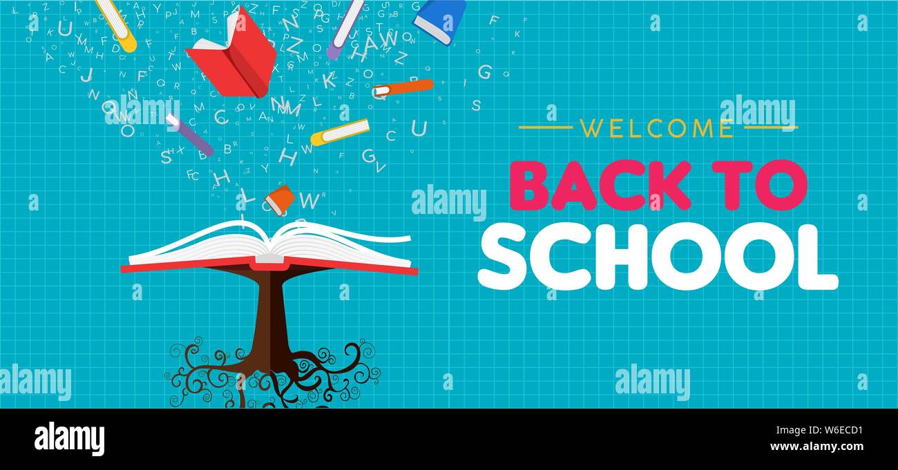 Welcome back to school web banner illustration of open book tree ...