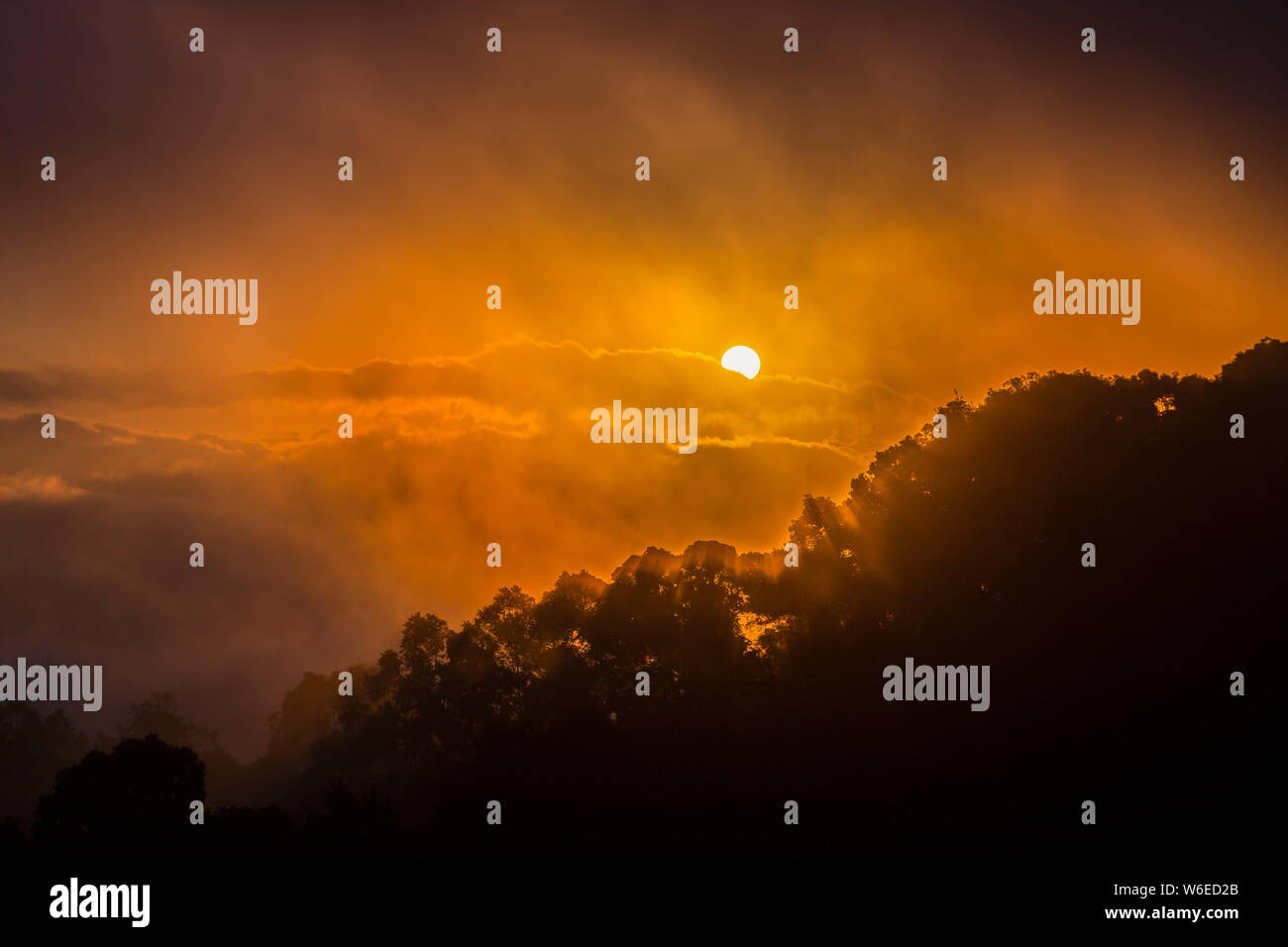 Silhouetted nature scene of dramatic cloudy sky at sunrise covered by ...