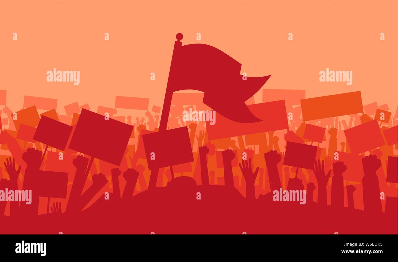 Silhouette of cheering or riot protesting crowd with flags and banners ...