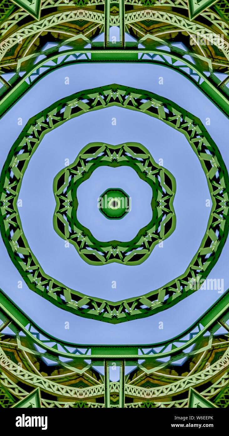 Vertical Busy circular green metal bars created using reflections in a ...