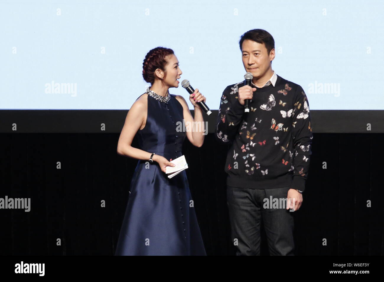 Hong Kong singer and actor Leon Lai Ming, right, attends the launch ...