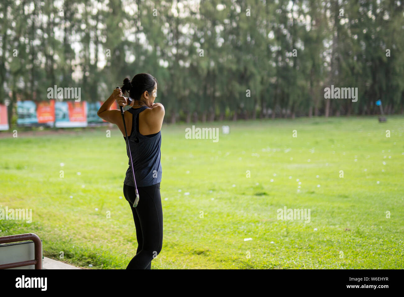 Bangkok Thailand - 27 Jul 2019 woman practicing her swing at golf ...