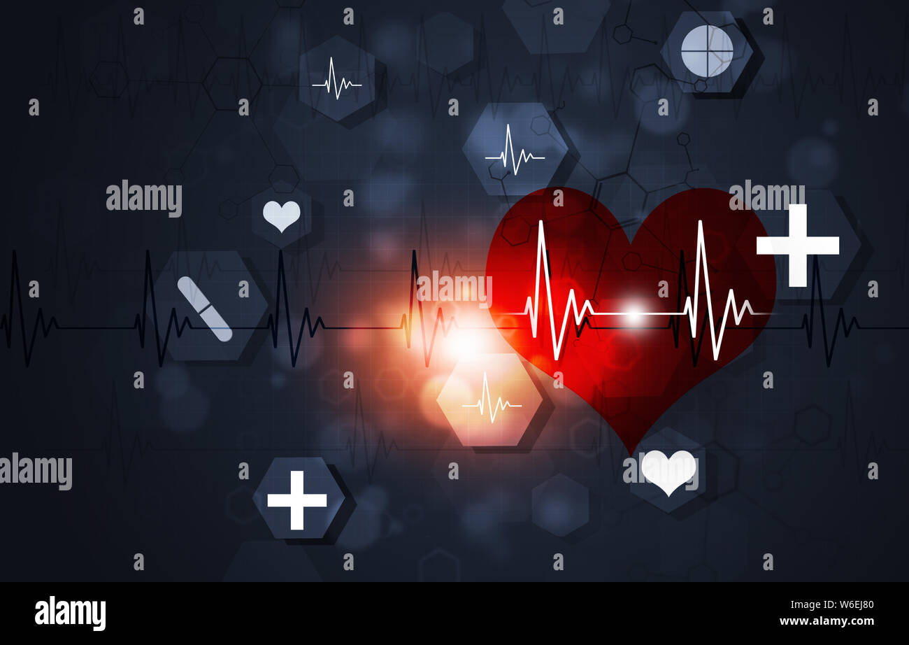 technology and science medical illustration with red heart cardiogram ...