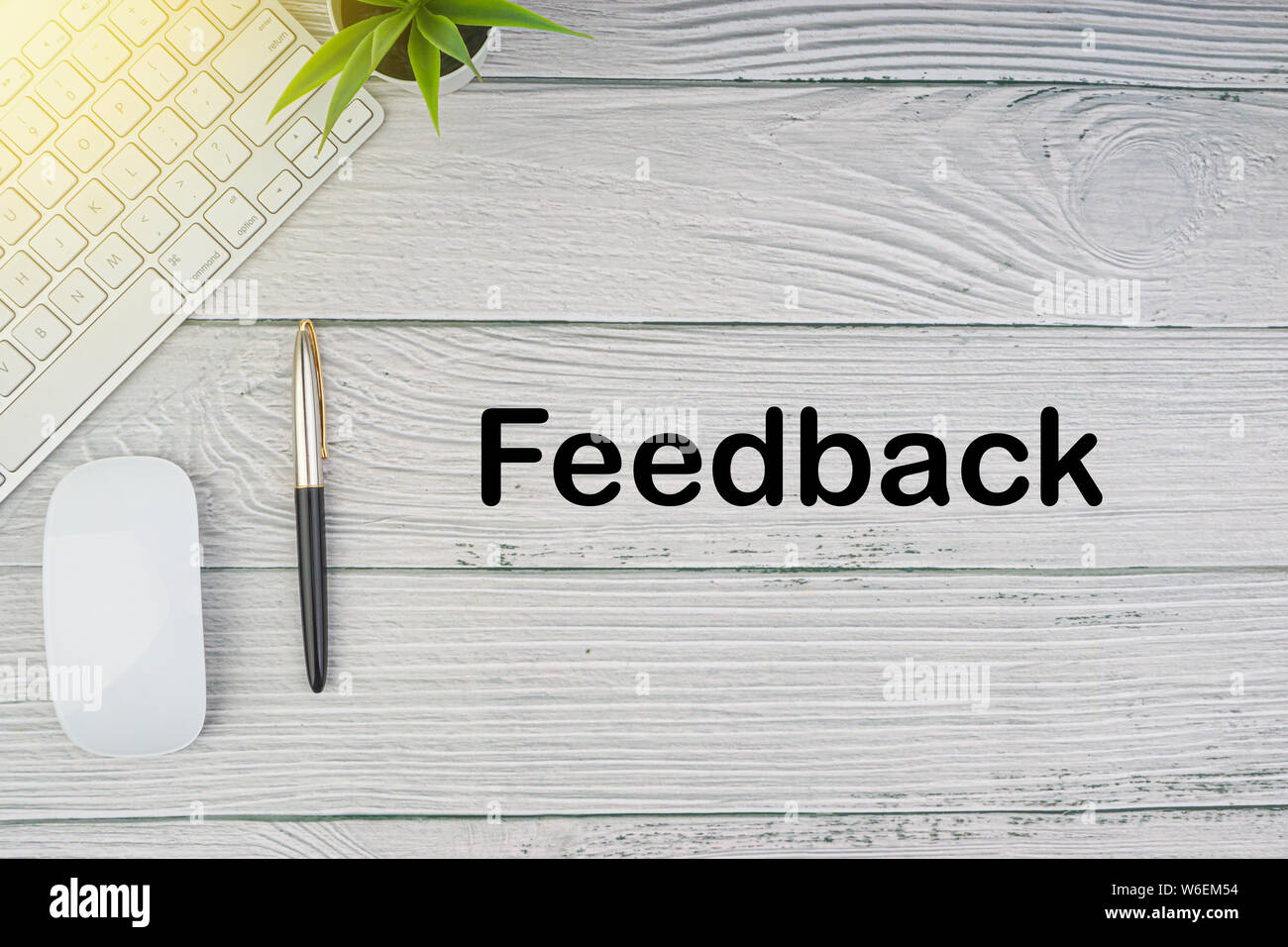 Flat lay, top view office table desk. Workspace with FEEDBACK ...