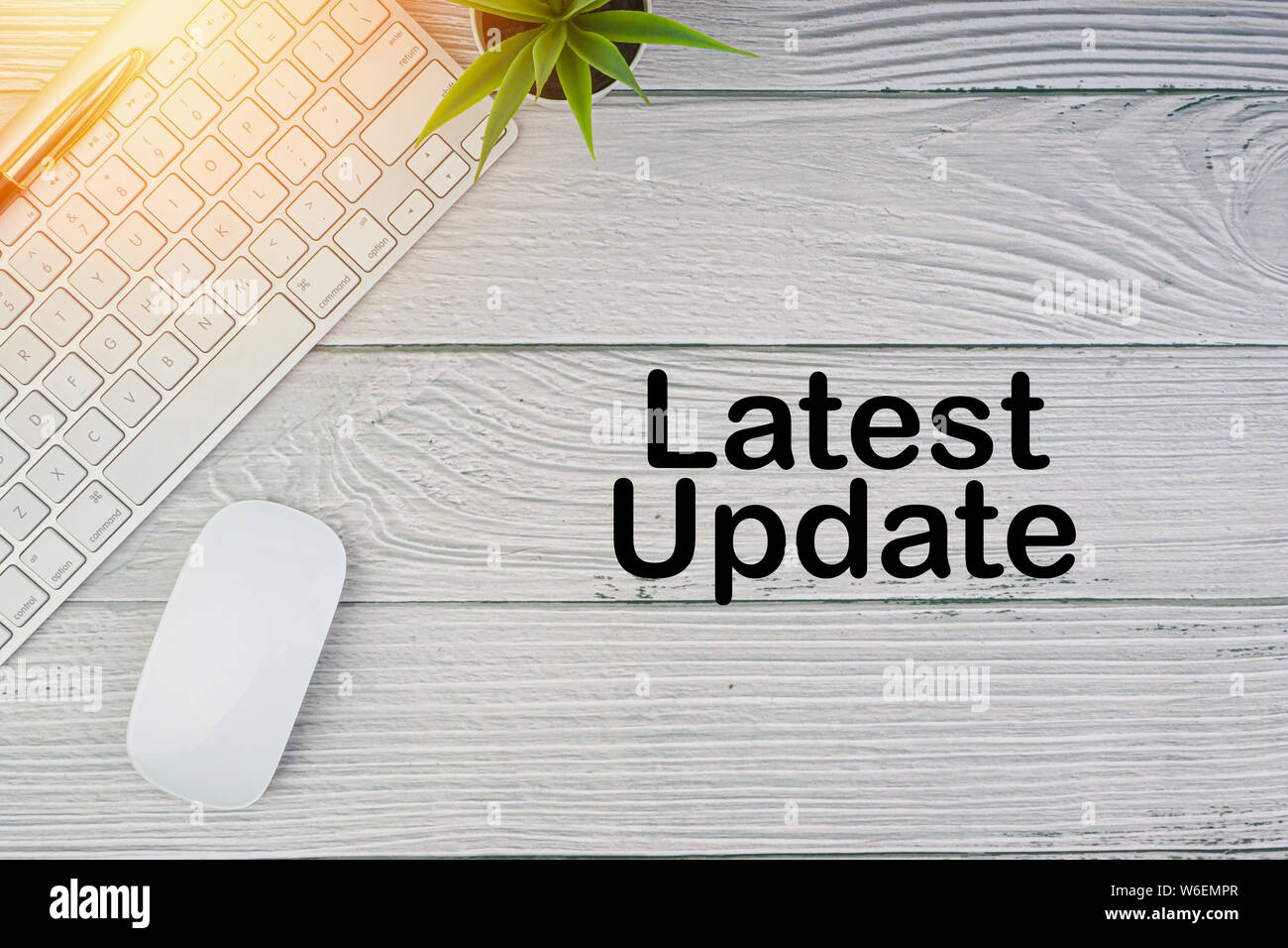 Flat lay, top view office table desk. Workspace with LATEST UPDATE ...