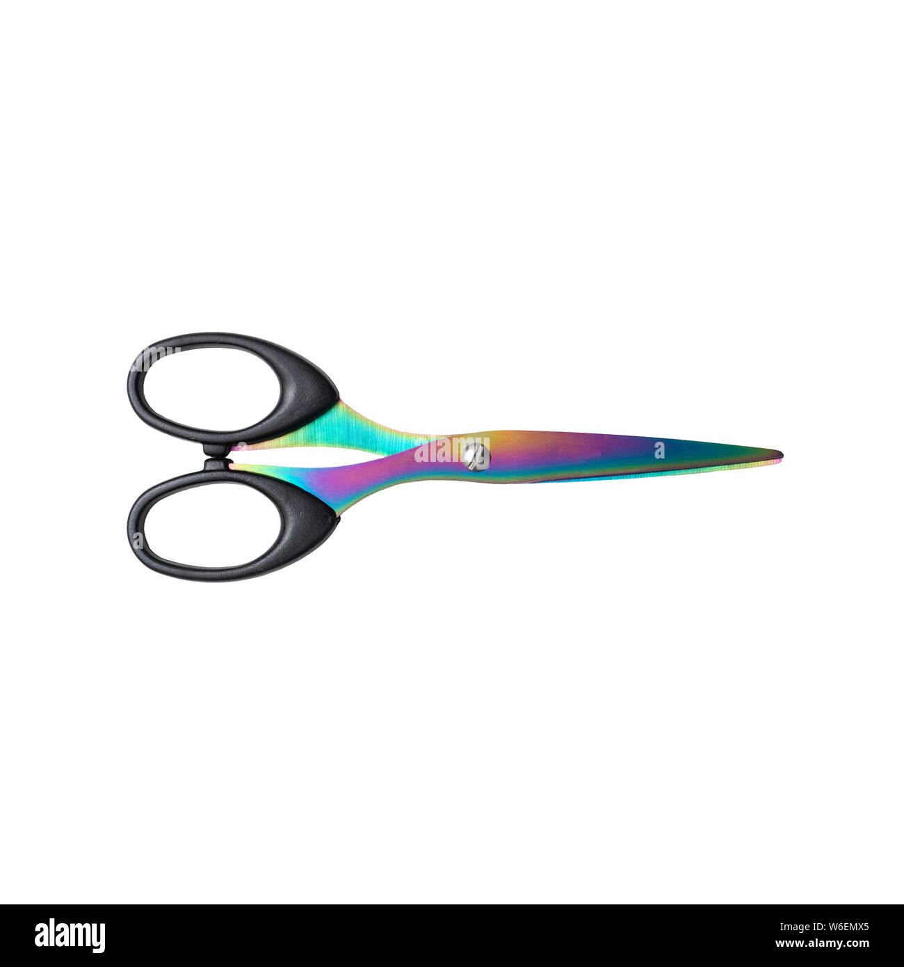 sharp rainbow colored scissor with black plastic handle isolated on ...