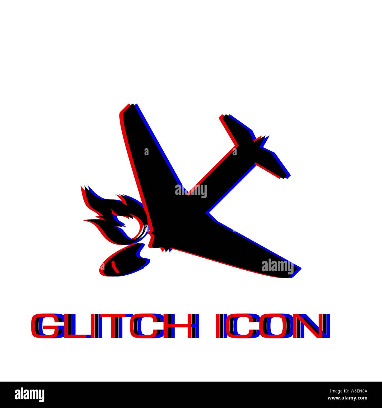 Crash plane icon flat. Simple pictogram - Glitch effect. Vector ...