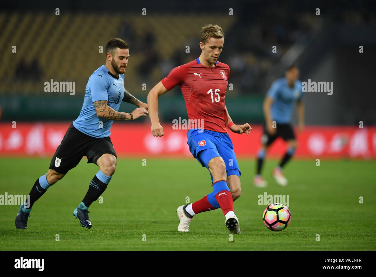 Tomas Soucek, right, of Czech Republic national football team kicks the ...