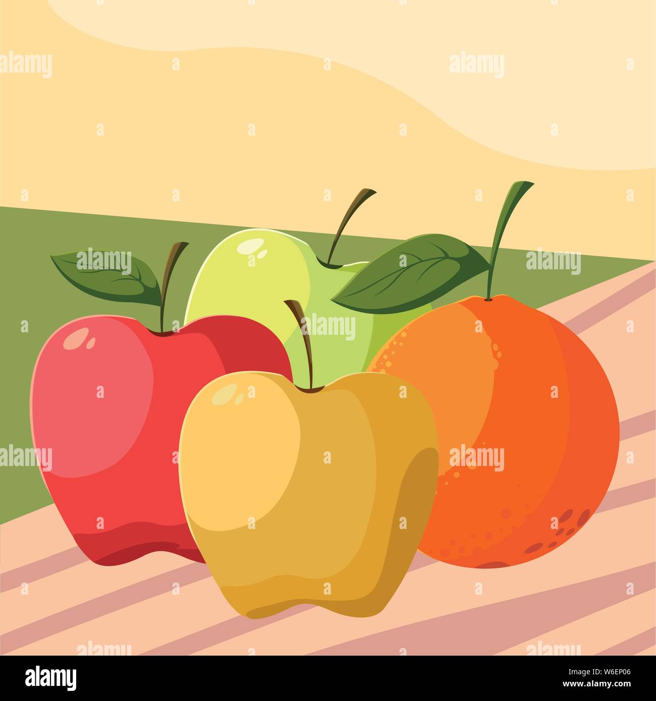 fresh fruit apples and orange on table outdoors vector illustration ...