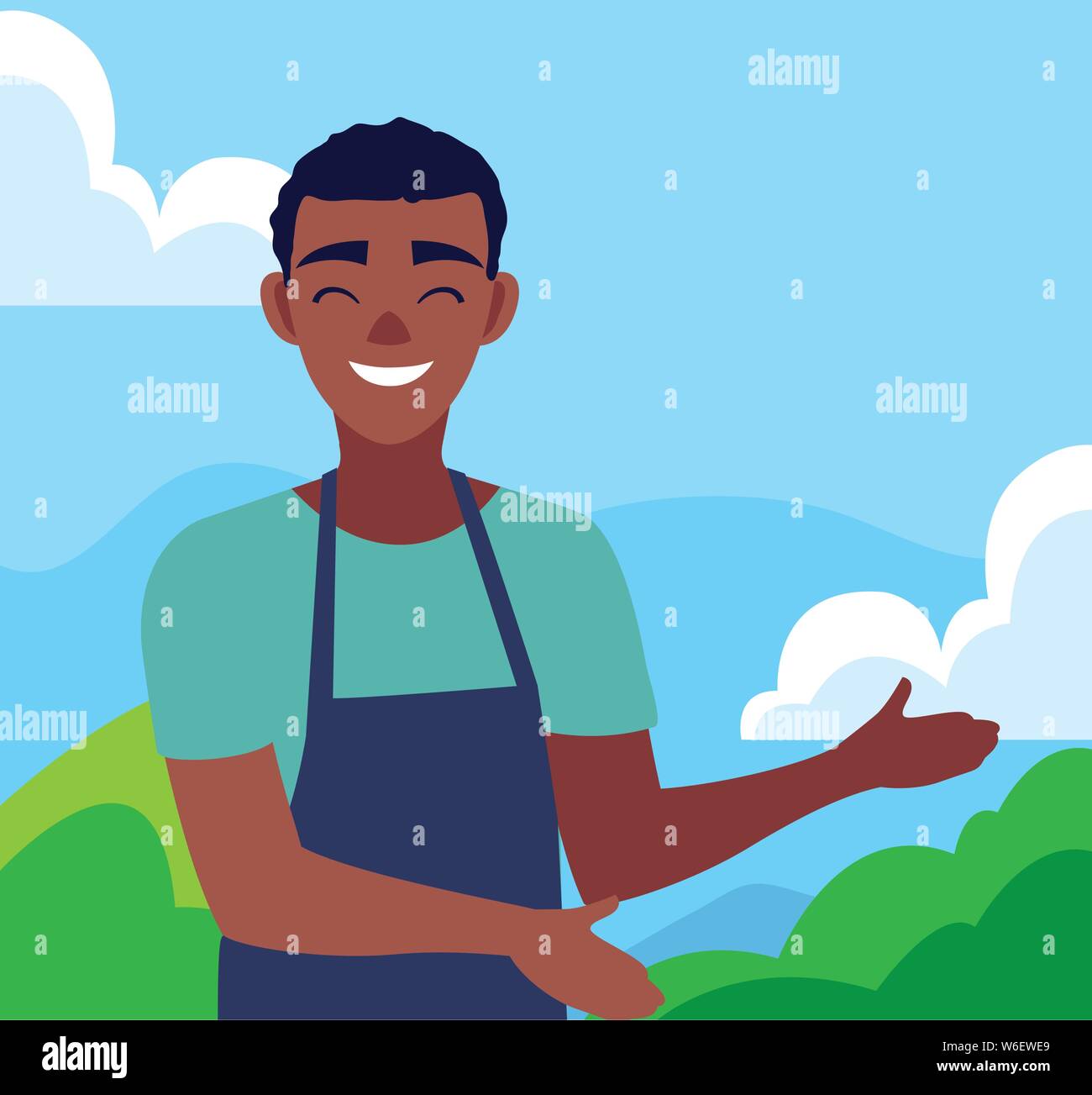 young seller man character with apron outdoors vector illustration ...